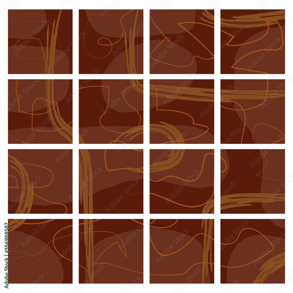 Set of their dark brown isolated backgrounds with random orange and ...