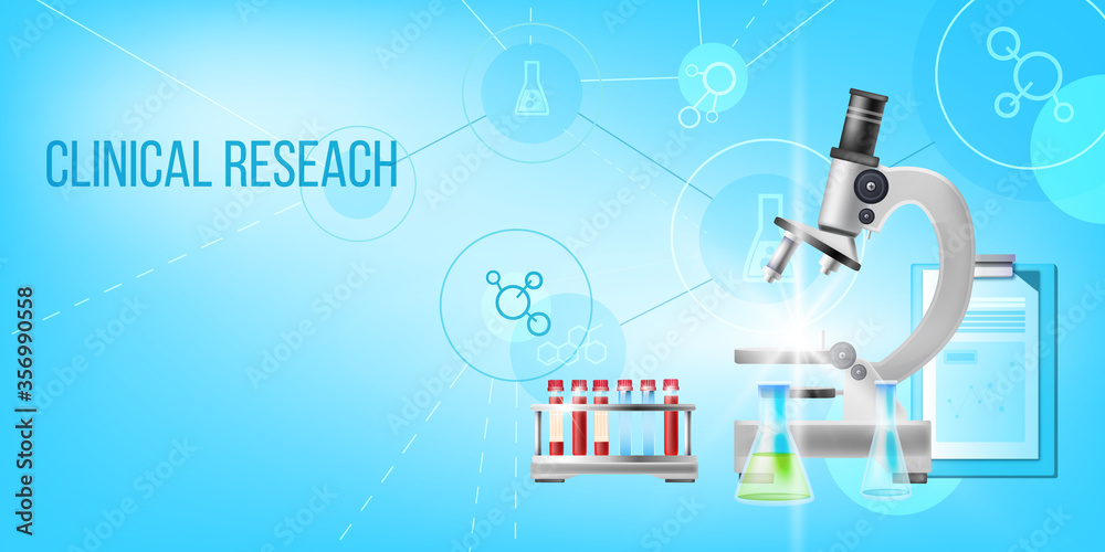 Clinical research banner with microscope, blood samples in test tubes ...