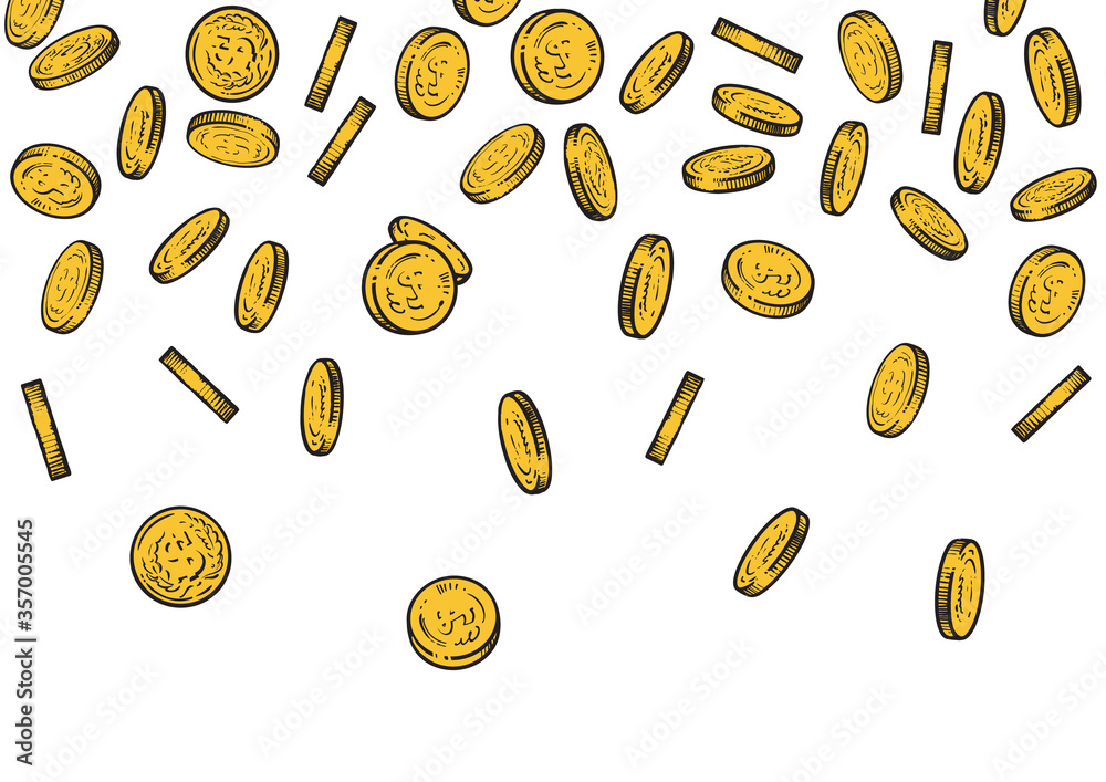 Seamless background with falling gold coins. Sketch golden money ...