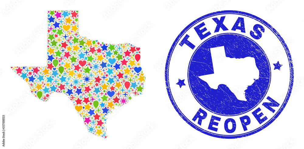 Celebrating Texas State map collage and reopening unclean stamp. Vector ...