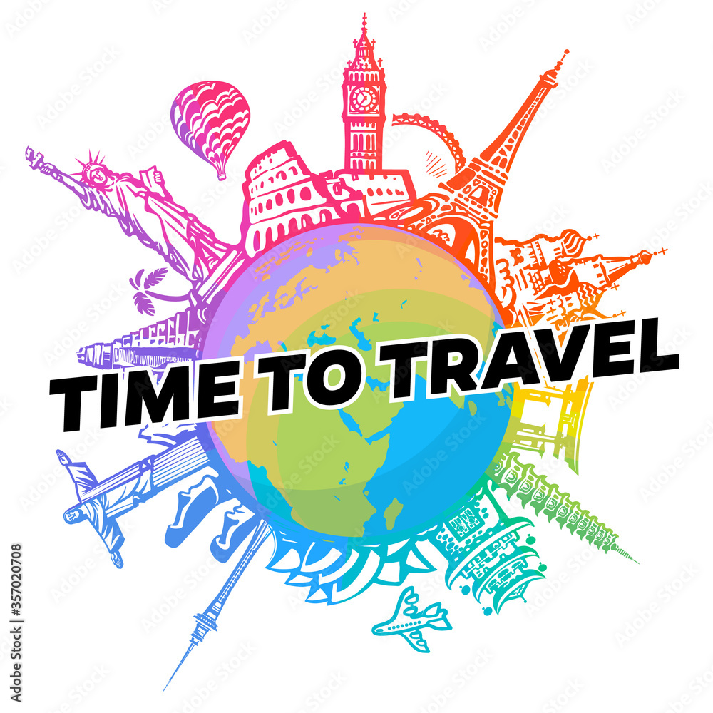 Famous world landmarks located around the globe. Design for travel and ...