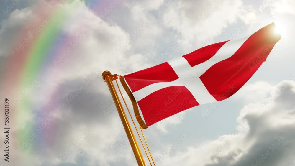 Flag of Denmark Waving in the wind, Cloudy and Rainbow Background, Slow ...