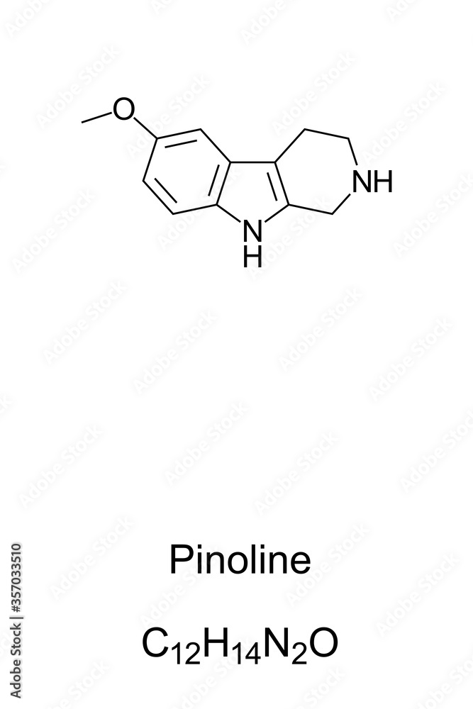 Pinoline, skeletal formula and molecular structure. A methoxylated ...