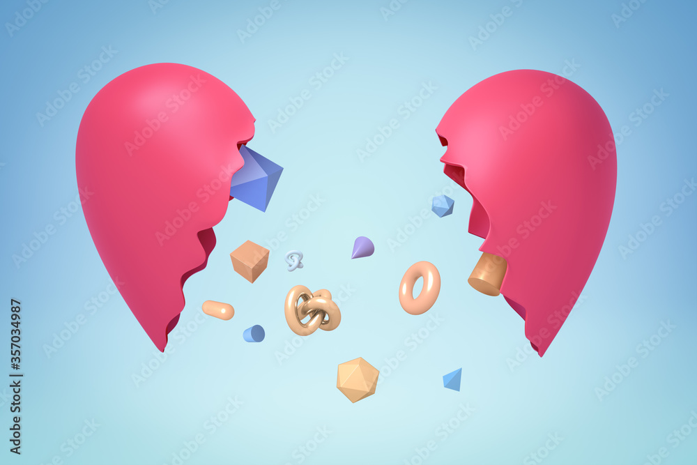 3d close-up rendering of red heart broken in two with different ...