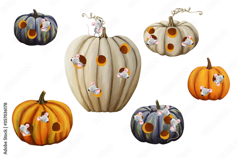 Mouse town. Bright cartoon ripe pumpkins with mouse holes. Autumn clip ...
