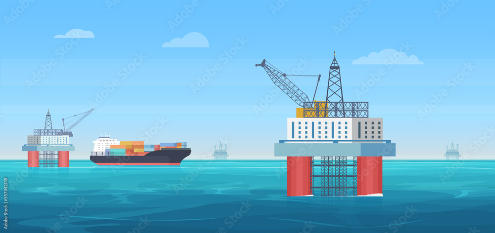 Oil drill platform vector illustration. Cartoon flat ocean or sea ...