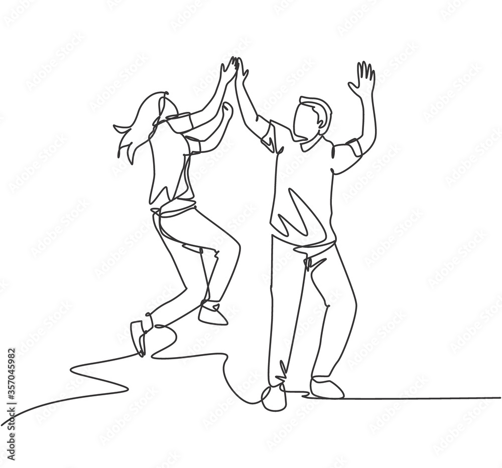 Single line drawing of young happy couple male and female so happy and ...