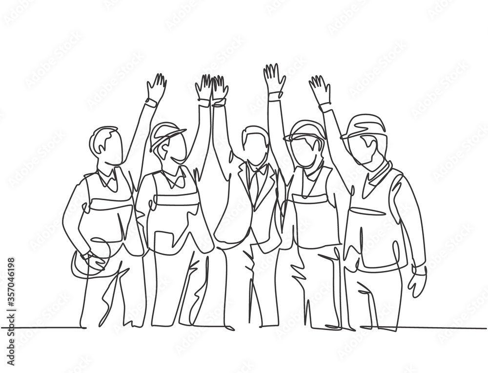 Single line drawing of construction workers and foreman with vest and ...