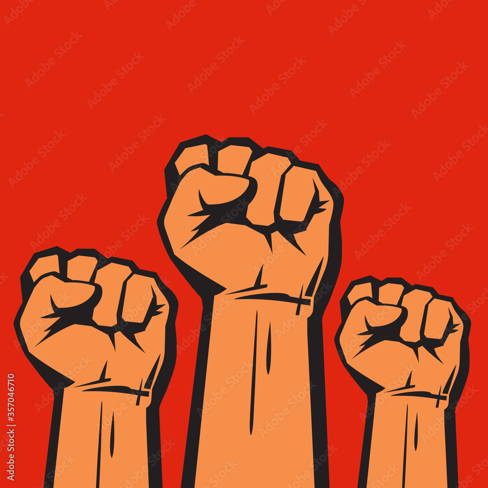 Clenched fists raised in protest. Three human hands raised in the air ...