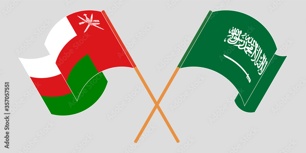 Crossed and waving flags of Oman and the Kingdom of Saudi Arabia Stock ...