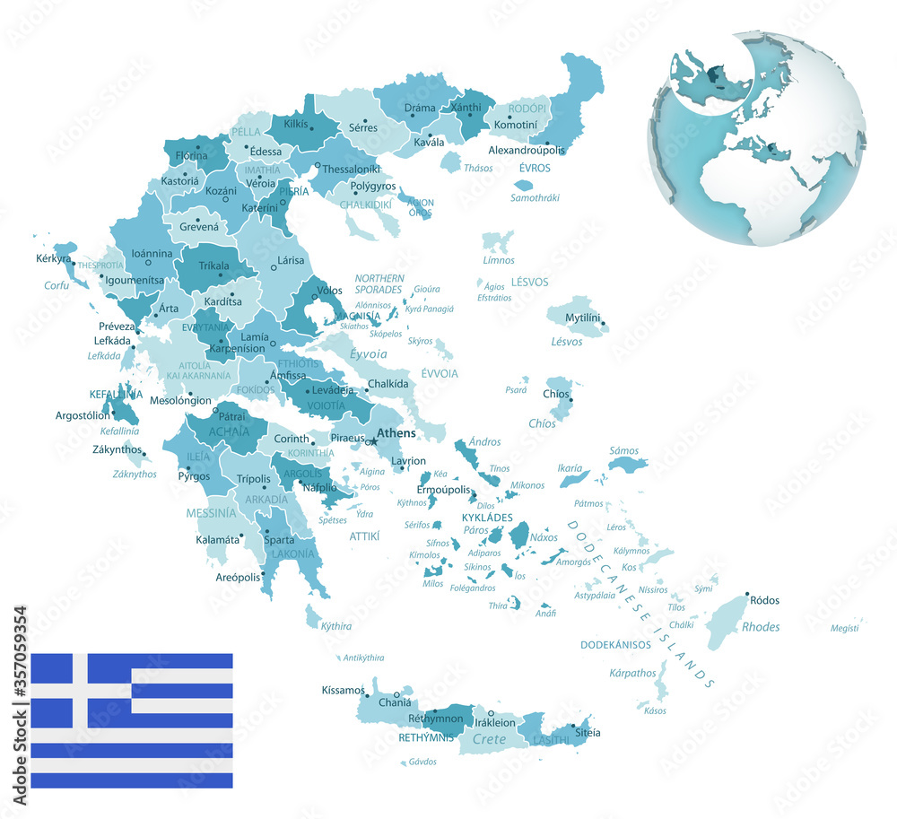 Greece administrative blue-green map with country flag and location on ...