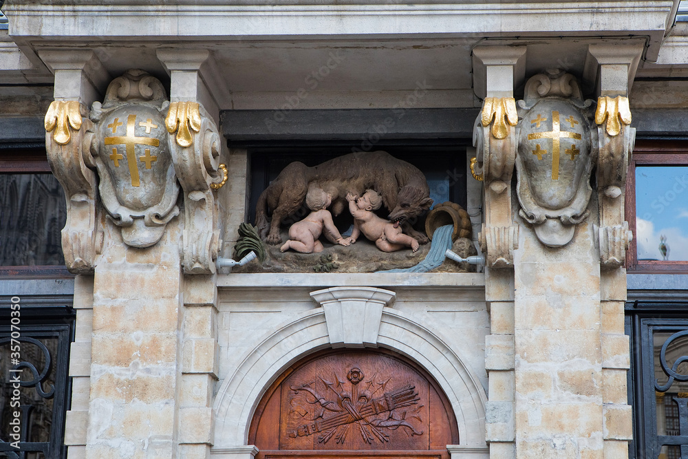 Bas-relief of Romulus and Remus suckling the she-wolf on the house La ...