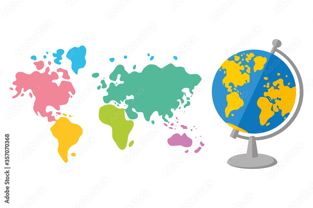 World map and globe flat cartoon vector isolated Stock Vector | Adobe Stock
