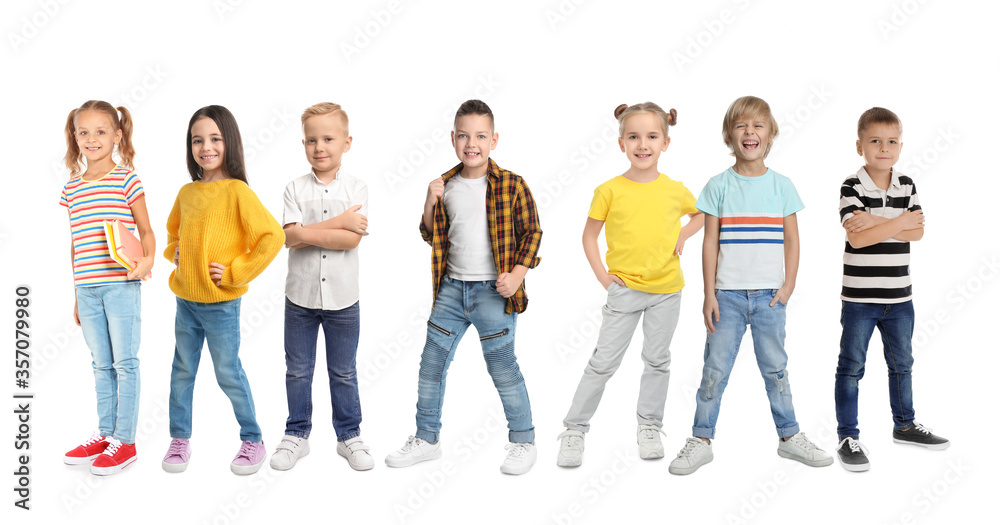 Group of cute school children on white background Stock Photo | Adobe Stock