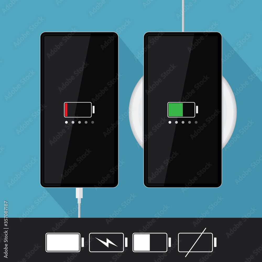 Modern black smartphone collection, red green color battery indicator ...