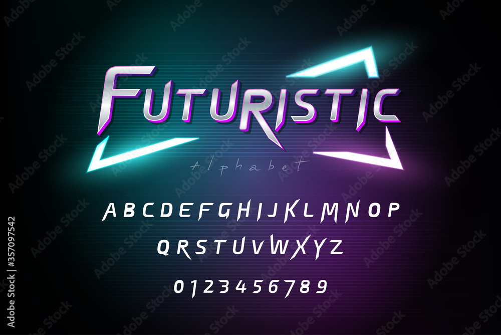 Alphabet font set with numbers on dark futuristic cyberpunk background ...