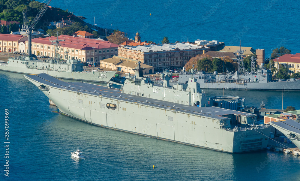 Sydney, Australia - May 16, 2017: Aerial view of HMAS Adelaide of the ...