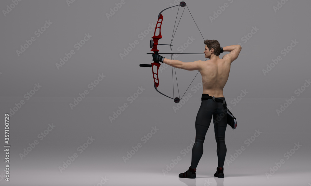3D Render : a young male shirtless archer pose practicing archery in ...