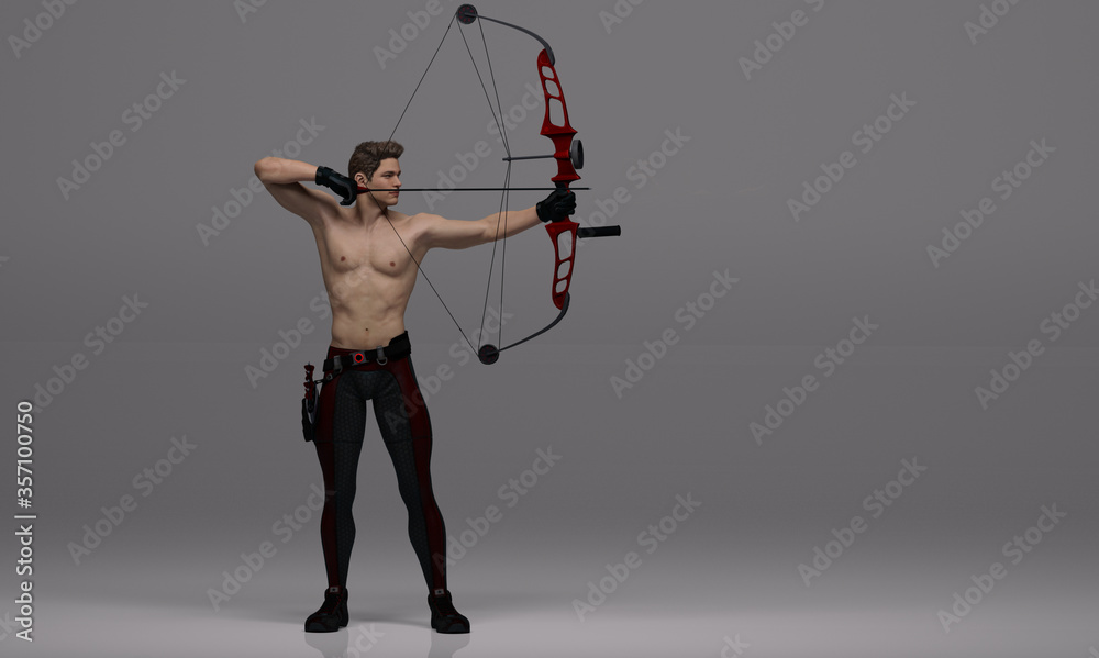 3D Render : a young male shirtless archer pose practicing archery in ...