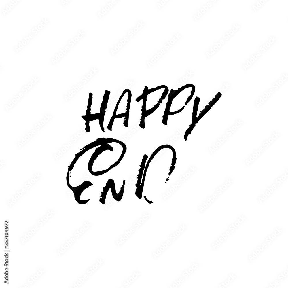 Happy end. Hand drawn dry brush lettering isolated on white background ...