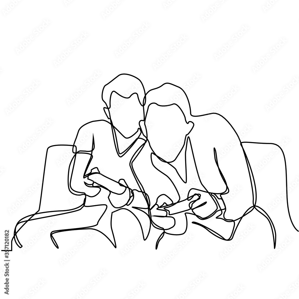 continuous line drawing of two men playing video games on tv with ...