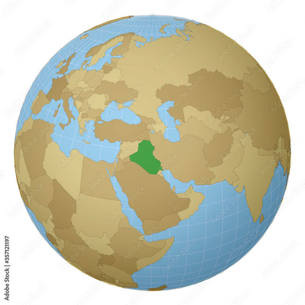 Globe centered to Republic of Iraq. Country highlighted with green ...