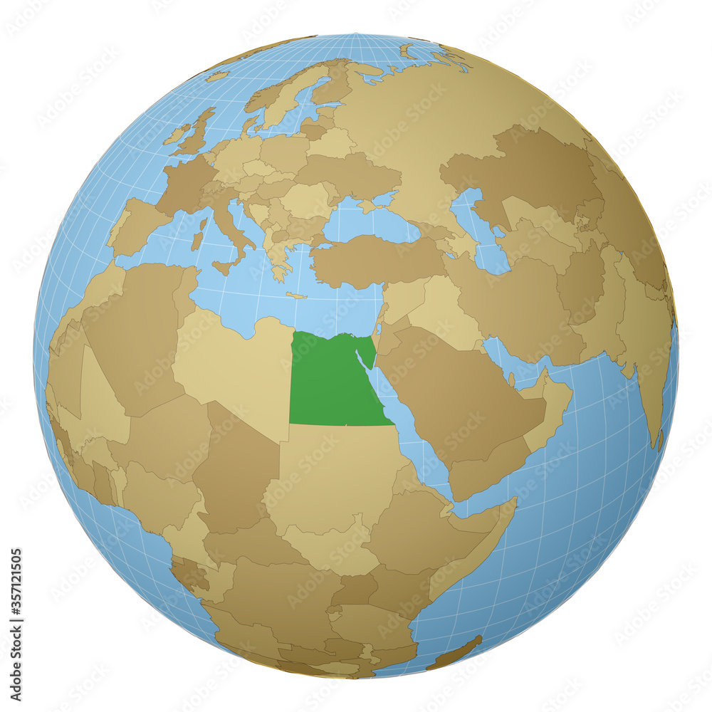 Globe centered to Egypt. Country highlighted with green color on world ...