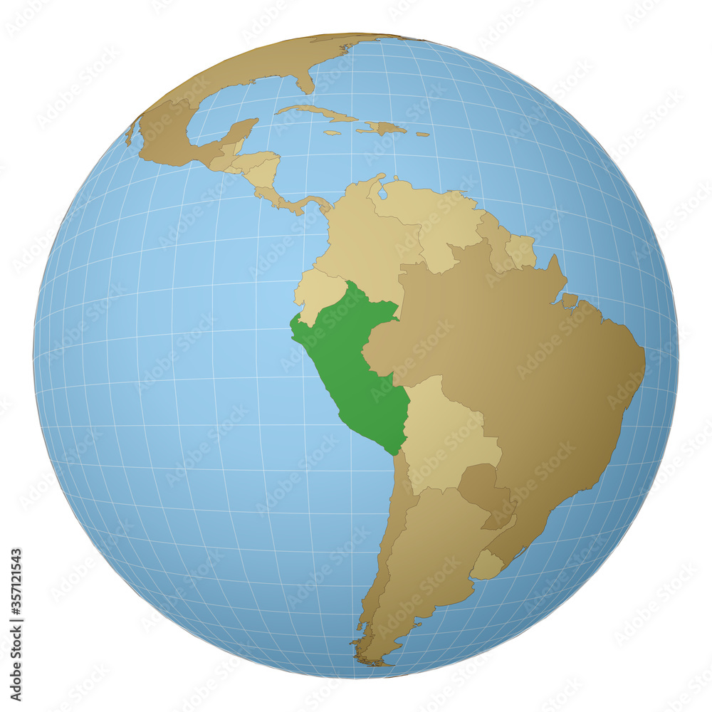 Globe centered to Peru. Country highlighted with green color on world ...