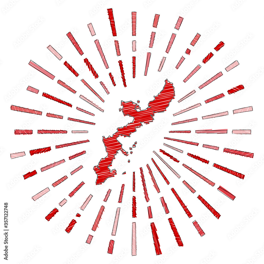 Sketch map of Okinawa Island. Sunburst around the island in flag colors ...