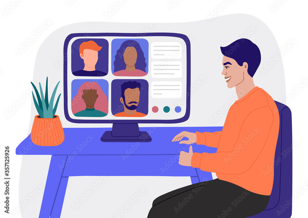 Online video conference, colleagues meeting from home, computer screen ...