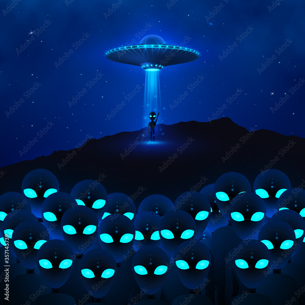 UFO with ray of light fly in night sky and group angry aliens with ...