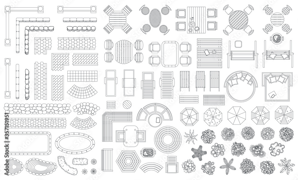 Set of linear elements. Outdoor furniture and patio items. (top view ...