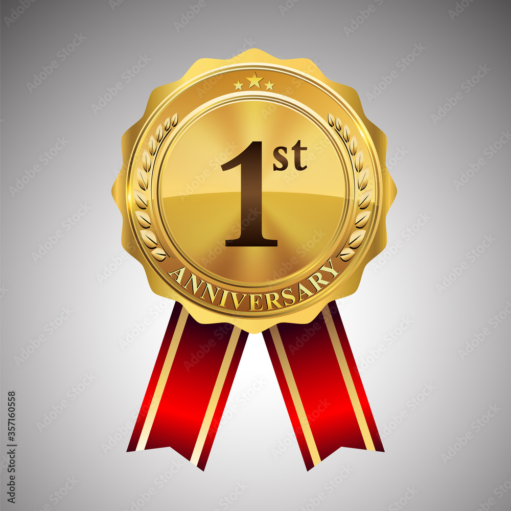 Celebrating 1st anniversary logo, with golden badge and red ribbon ...