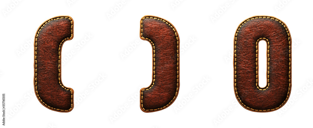 Set of symbols left and right parentheses, number 0 made of leather. 3D ...