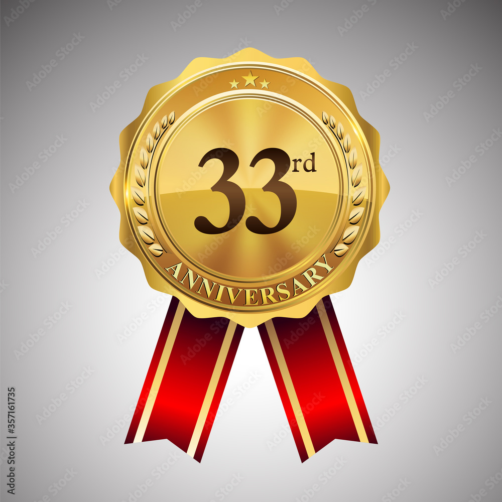 Celebrating 33rd anniversary logo, with golden badge and red ribbon ...