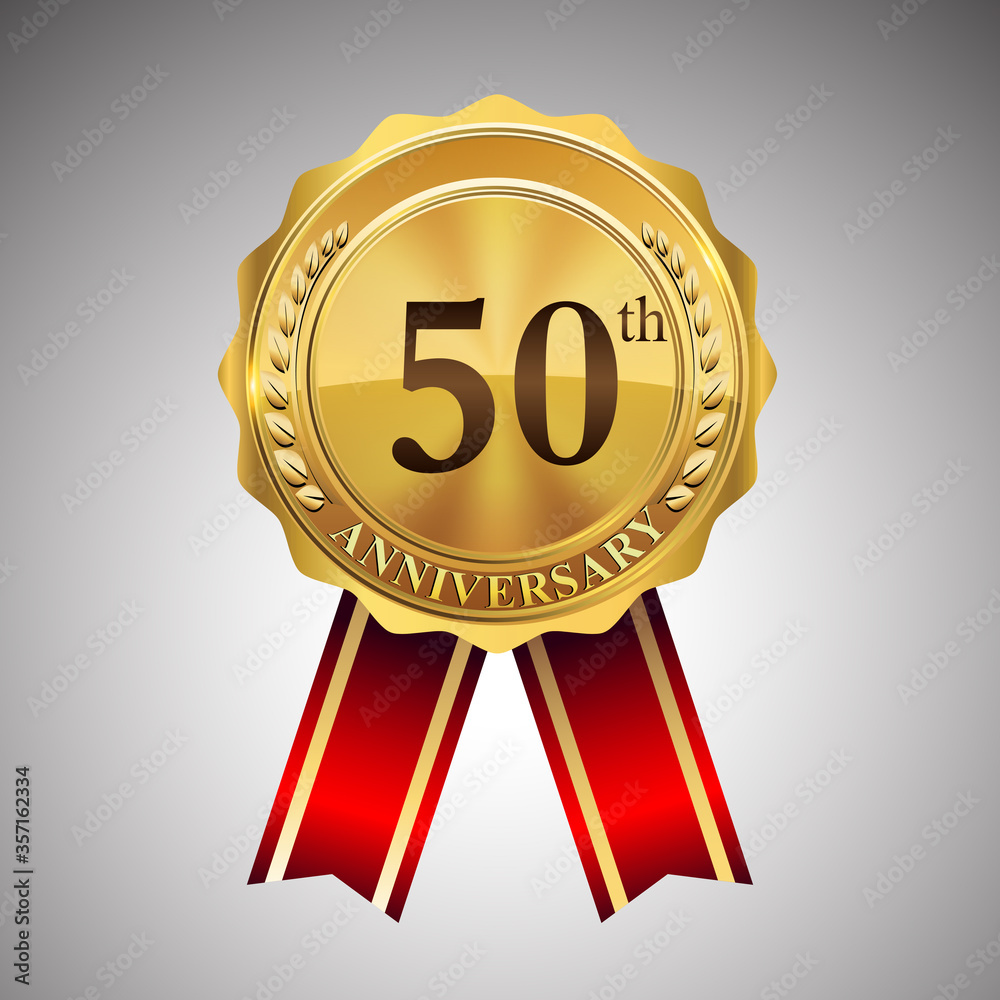 Celebrating 50th anniversary logo, with golden badge and red ribbon ...