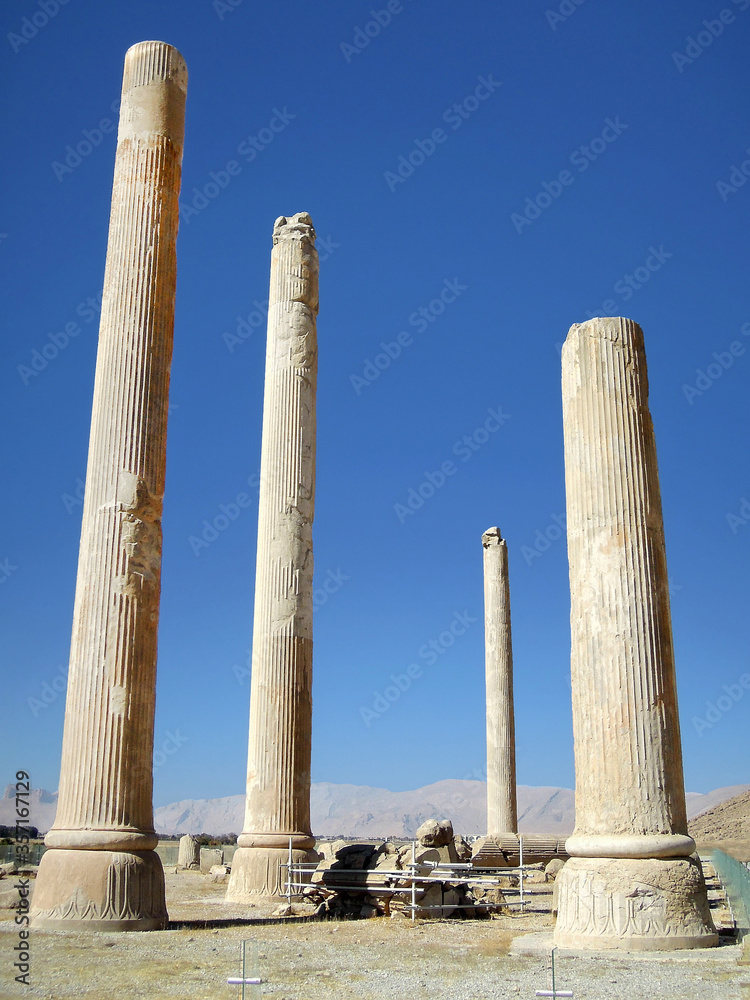 Remains of columns of Great Palace of Xerxes, or Apadana, in Persepolis ...