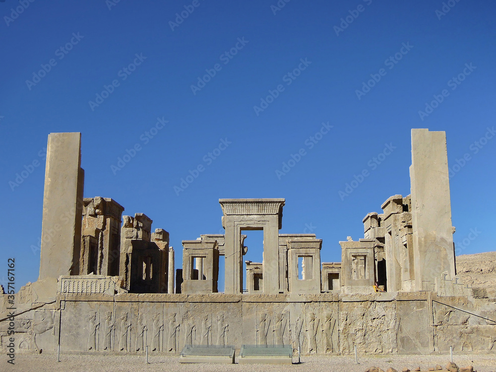 Remains of main building of Persepolis, palace of Xerxes, Persian king ...