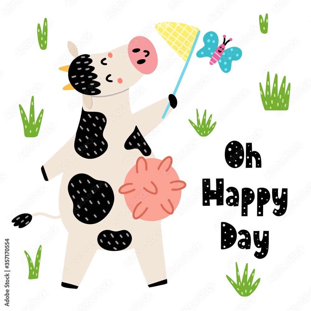 Oh happy day cards with a cute cow catches a butterfly by net Stock ...