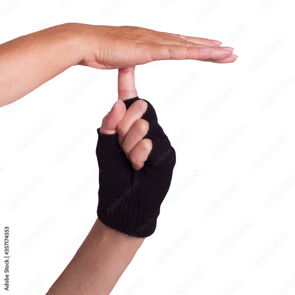 Foto de Hand gesture, bring to a stop. Enough! Hands showing time out ...