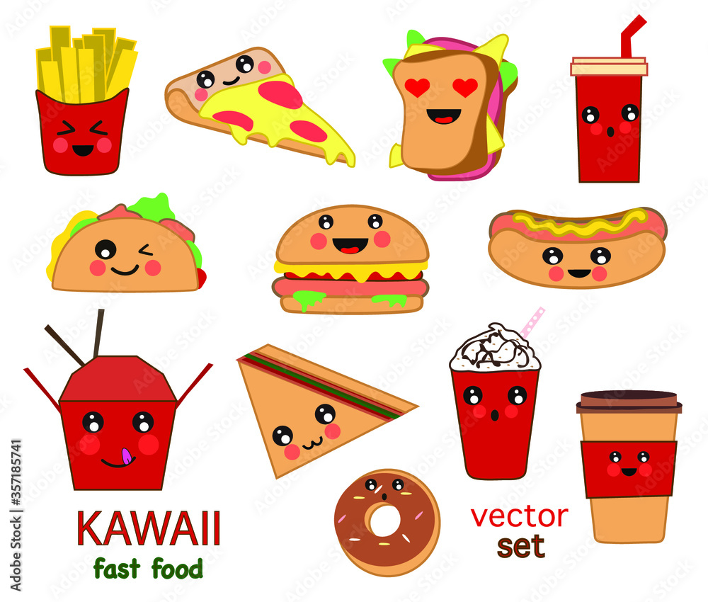 Collection of hand drawn. Cute kawaii food. Fast food. Burger, hot dog ...