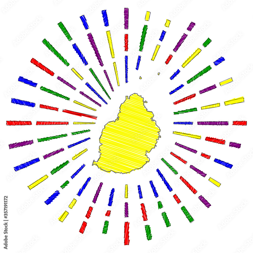 Sketch map of Mauritius. Sunburst around the island in flag colors ...