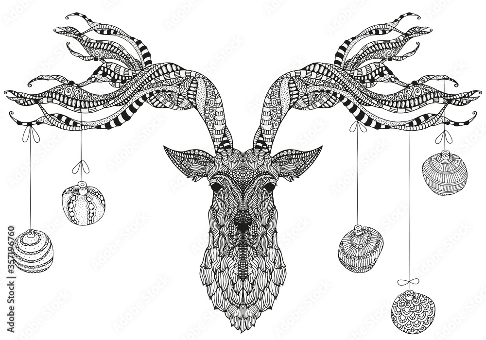 Deer head and christmas balls. Zentangle patterns. Hand-drawn, doodle ...