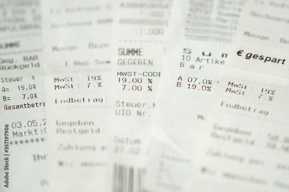 german cash sales receipts. Invoices with vat tax value. VAT rate from ...