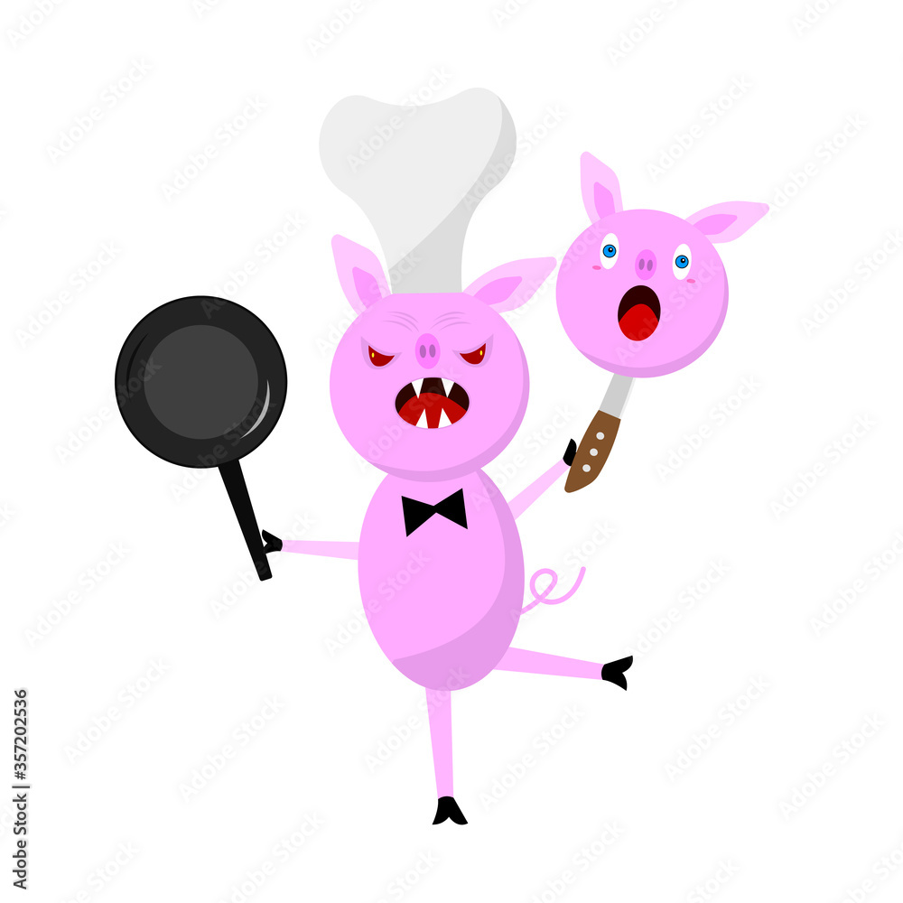 pig Cannibal cartoon character with evil eyes and sharp fangs holds the ...