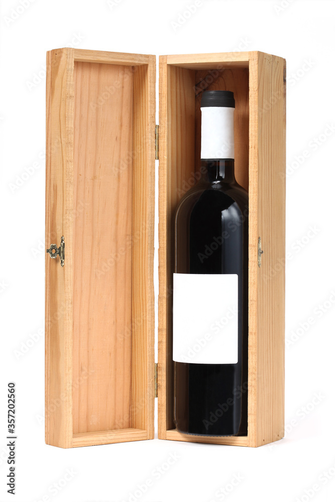 open wooden wine box with a bottle of red wine inside isoaleted on ...