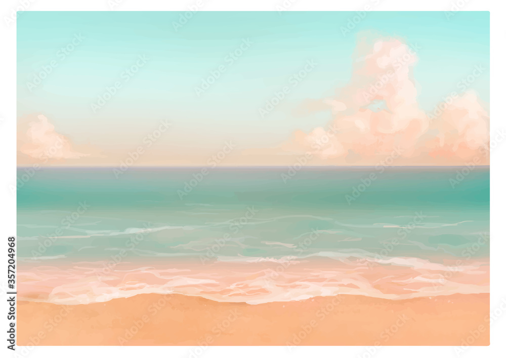Vector illustration of tropical beach in morning. Hand painted ...