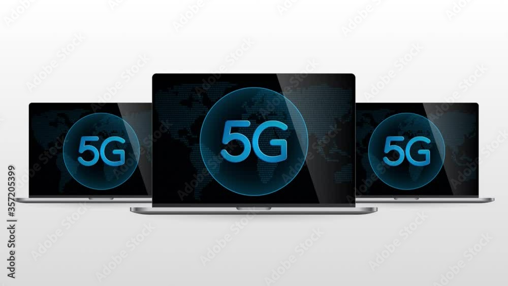 Digital world laptop device with 5G network. Realistic laptop monitor ...