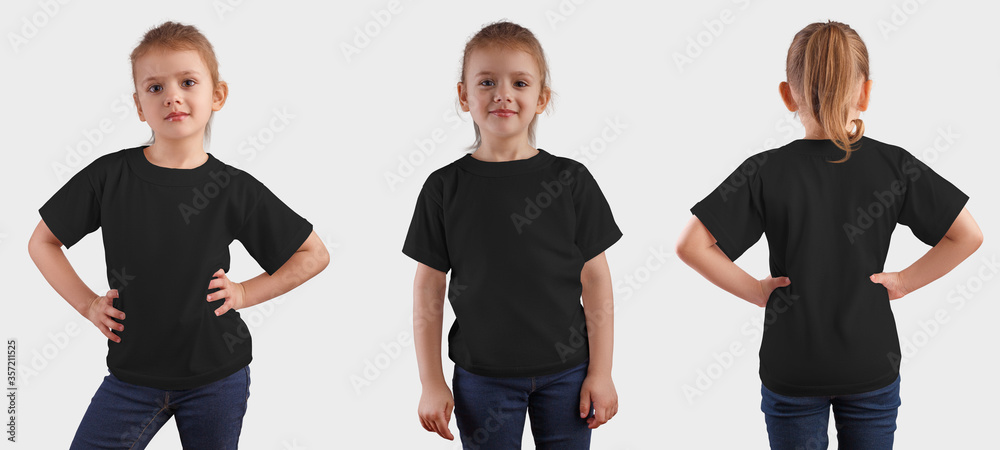 Set of black t-shirts on a cute baby, front and back view, isolated on ...