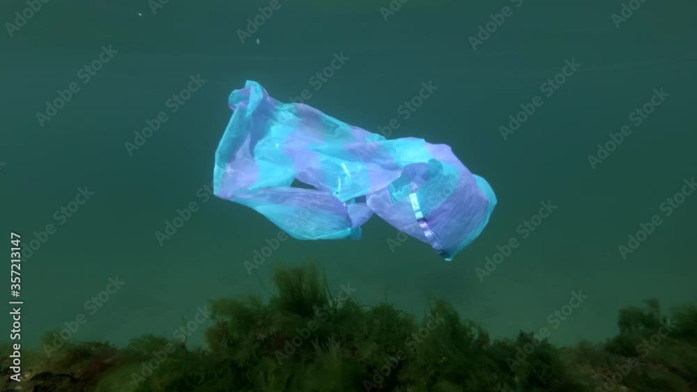 Plastic pollution, used blue plastic bag drifts in shallow water ...